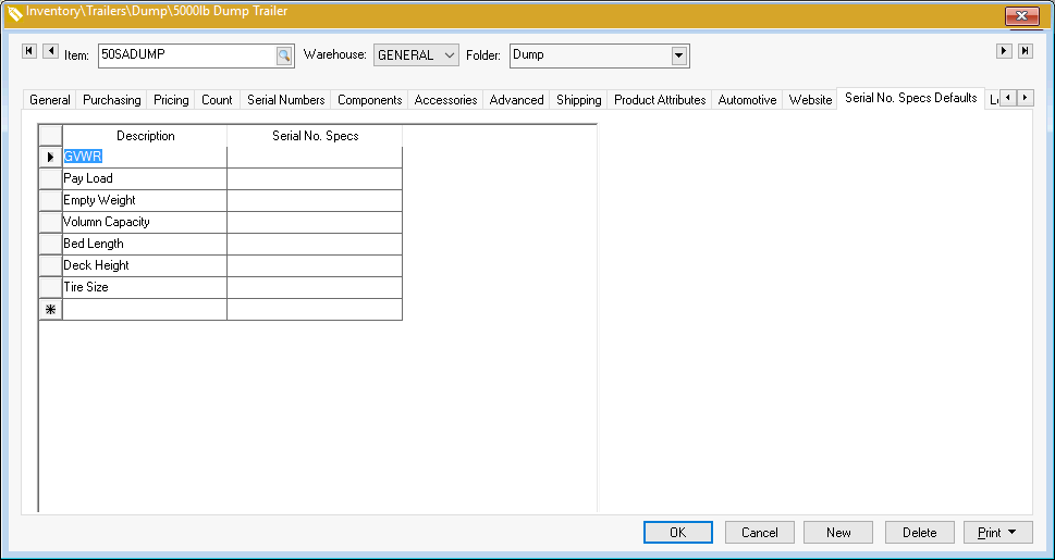 Serialized Item Specifications and Other Item Details