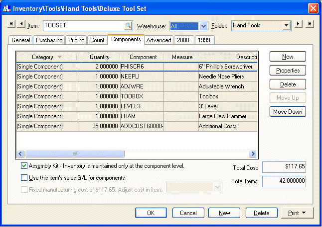 Entering Inventory Components into the Materials List