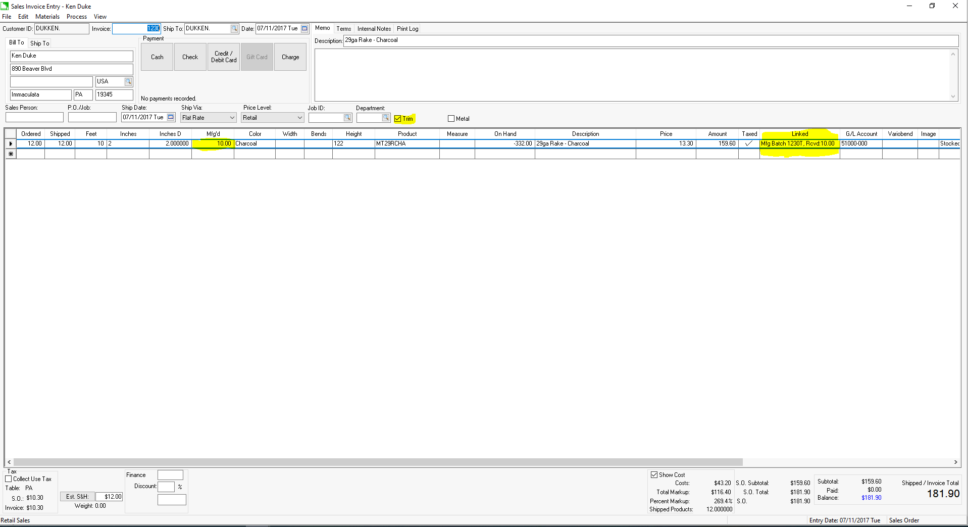 Instant Manufacturing Batch from Sales Order